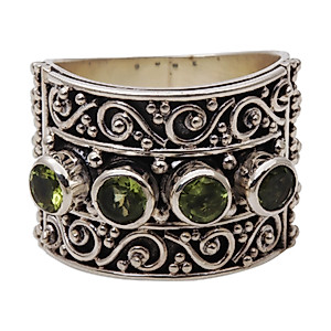 NOVICA Artisan Handmade Peridot Cocktail Ring 925 Sterling Silver Multistone from Bali Green Band Indonesia Kale Birthstone [ring Front 0.6 in L x 0.8 in W x 0.2 in H Band Width 9 mm W] ' Lucky