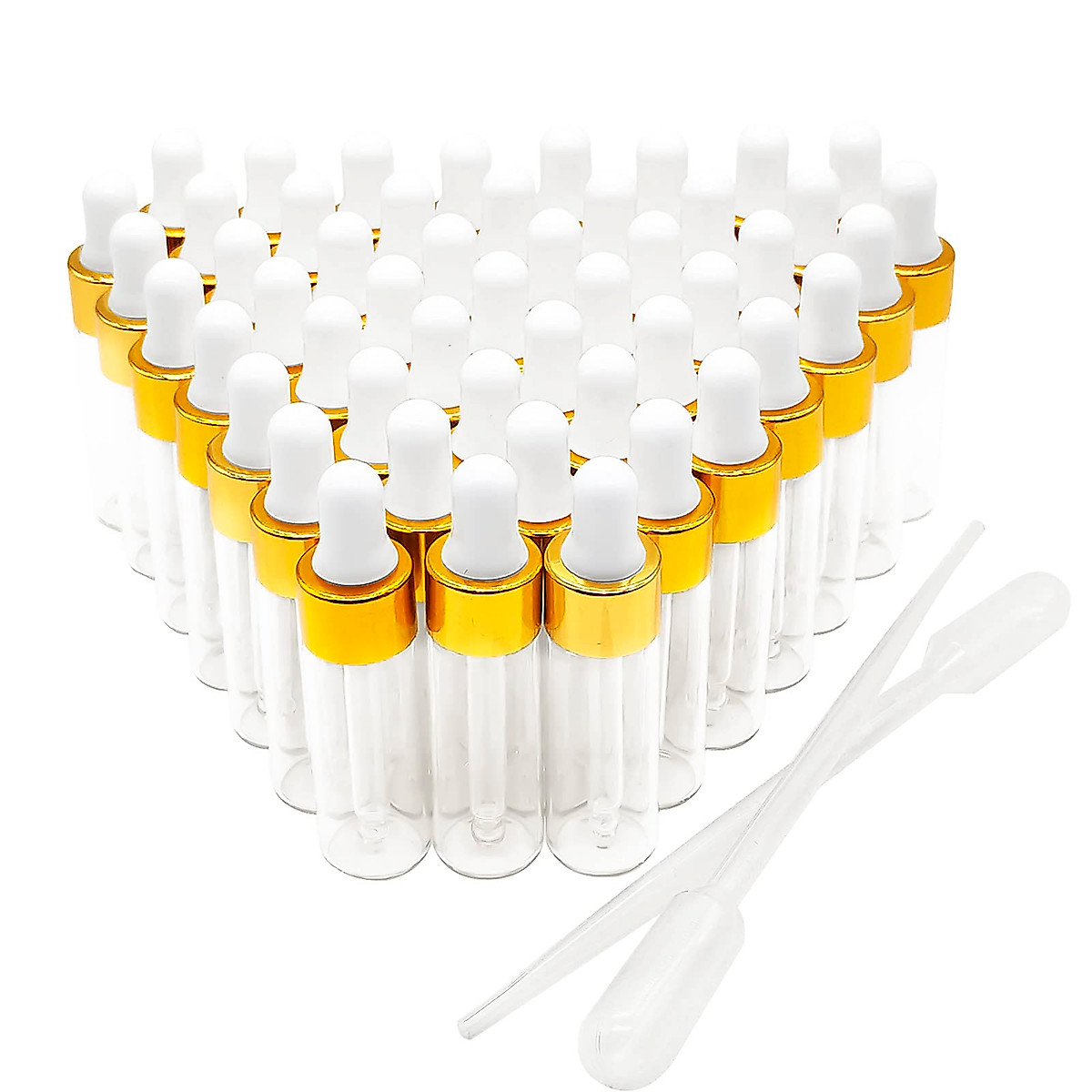 BEGIKET 50PCS Transparent Sample Dropper Bottles, 5ml Mini Essential Oil Dropper Bottles, Perfume Bottles with 2 Plastic Droppers for Travel Test Samples