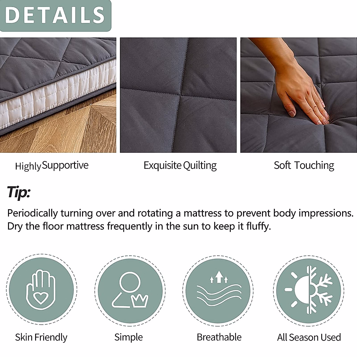 MAXYOYO Japanese Floor Futon Mattress Full Size, Floor Couch for Adults Roll Up Folding Floor Bed Portable Mattress Foam Mattress Queen, Diamond Patterned Japanese Futon Bed, Dark Grey