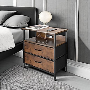 PONROL Rustic End Table with Charging Station & USB Ports, Entryway Narrow Side Sofa Table for Living Room, Nightstand with Fabric Drawer Storage Shelf for Bedroom, 23”L*11”W*25”H, Brown