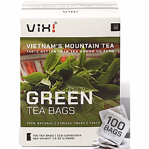 VIXI Green Tea Bags, 100 Counts, Vietnam's Mountain Tea, Antioxidant, Caffeinated, Tagless, Plastic Free, Balanced Flavored, 100% Natural for Hot, Iced and Cold Brew