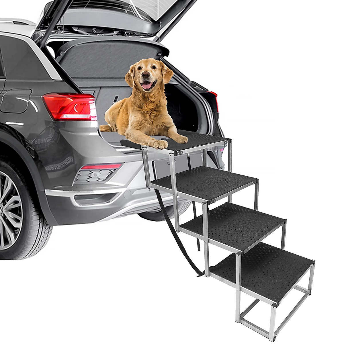 Extra Wide Foldable Dog Car Stairs for Large Dogs, Portable Aluminum Pet Ramp with Non-Slip Surface, Lightweight Dog Ladder Ramp for Cars, High Beds, SUV, Trucks, 4 Steps, Supports up to150 lbs