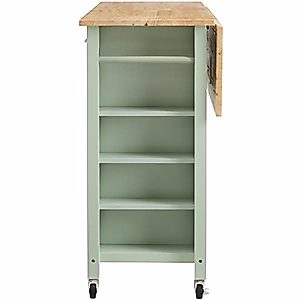 Crosley Furniture Savannah Wood Top Drop Leaf Rolling Kitchen Island Cart with Spice Rack and Shelves, Mint