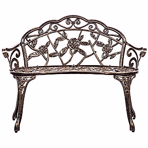 HGS Garden Bench Patio Benches Park Yard Outdoor Bench Furniture Cast Aluminum Rose Antique Metal Porch Path Bench Durable Lawn Bench, Bronze