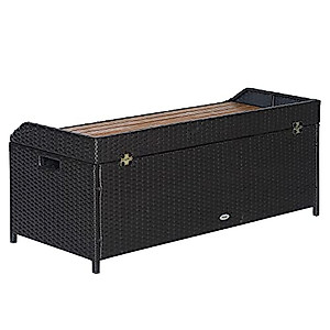 Outsunny Patio Wicker Storage Bench, Outdoor PE Rattan Patio Furniture, Air Strut Assisted Easy Open, 2-in-1 Large Capacity Rectangle Basket Box with Handles & Wooden Seat, Black