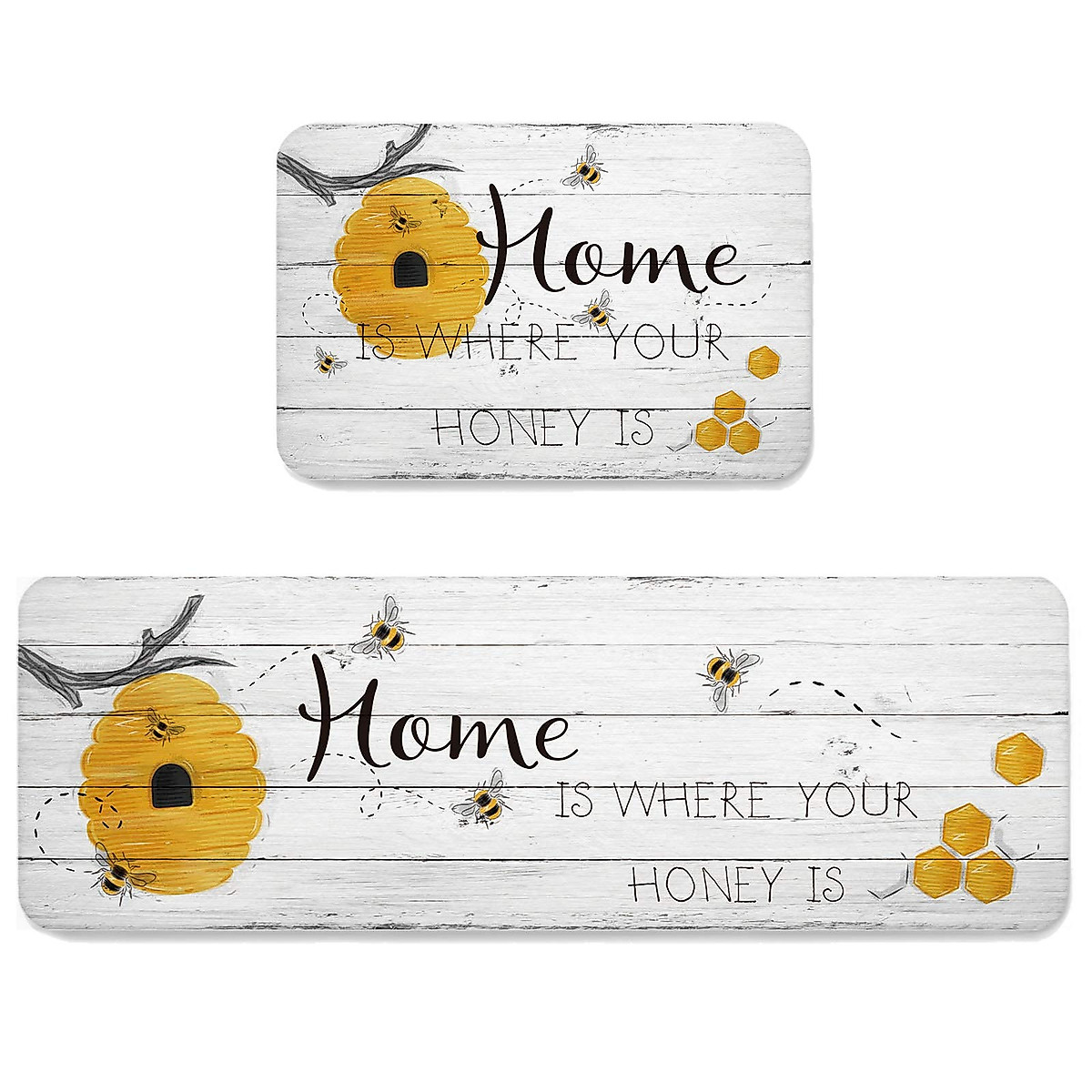 Bees Kitchen Mats 2 Pieces Non Slip Runner Rug Set Home is Where Your Honey is Bee Home Hive Rustic Wood Grain Kitchen Rugs Washable Comfort Floor Mat for Kitchen,Sink,Office,15.7"x23.6"+15.7"x47.2"