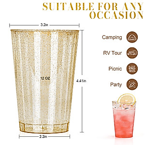 Glitter Plastic Cups Gold Glitter Disposable Cups 12 oz 100 Pack Clear Plastic Cups Recyclable Wine Glasses for Parties Elegant Plastic Party Cups Wedding Decorations