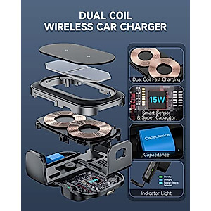 【Dual Coils & 2 Vent Mounts】 Wireless Car Charger, Casunit 15W Dual Coil Fast Charging Auto-Clamping Car Mount for iPhone 14 13 12 Pro Max Mini/Samsung Galaxy Z Flip 4 (Black)