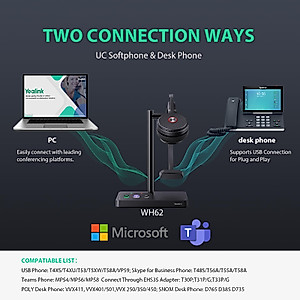 Yealink WH62 Wireless Headset with Microphone for PC Computer Laptop Zoom Teams Certified Headset for Office IP VoIP Phones DECT Headset SIP Phone for Unified Communication