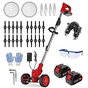 Electric Weed Eater Cordless Weed Wacker Battery Powered, Lightweight Foldable Brush Cutter Grass Trimmer Lawn Edger with 2 2Ah Battery Operated, Wheeled No String Weed Whacker for Garden Yard