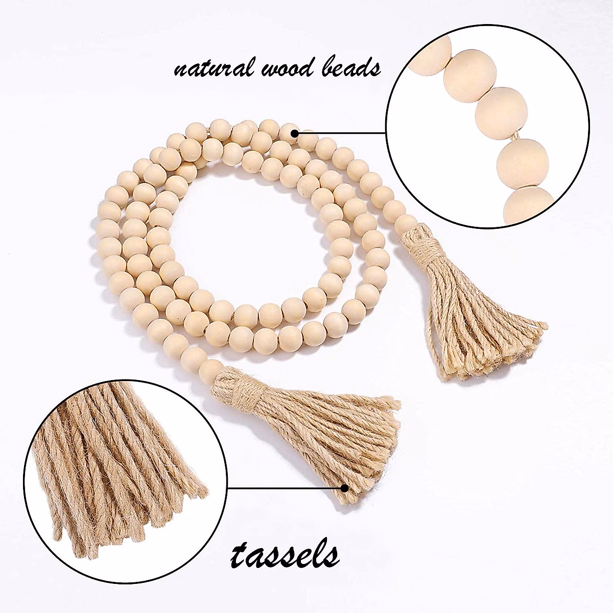 HCCY Wood Bead Garland 57" Farmhouse Country Beads with Tassles Wall Hanging Decor