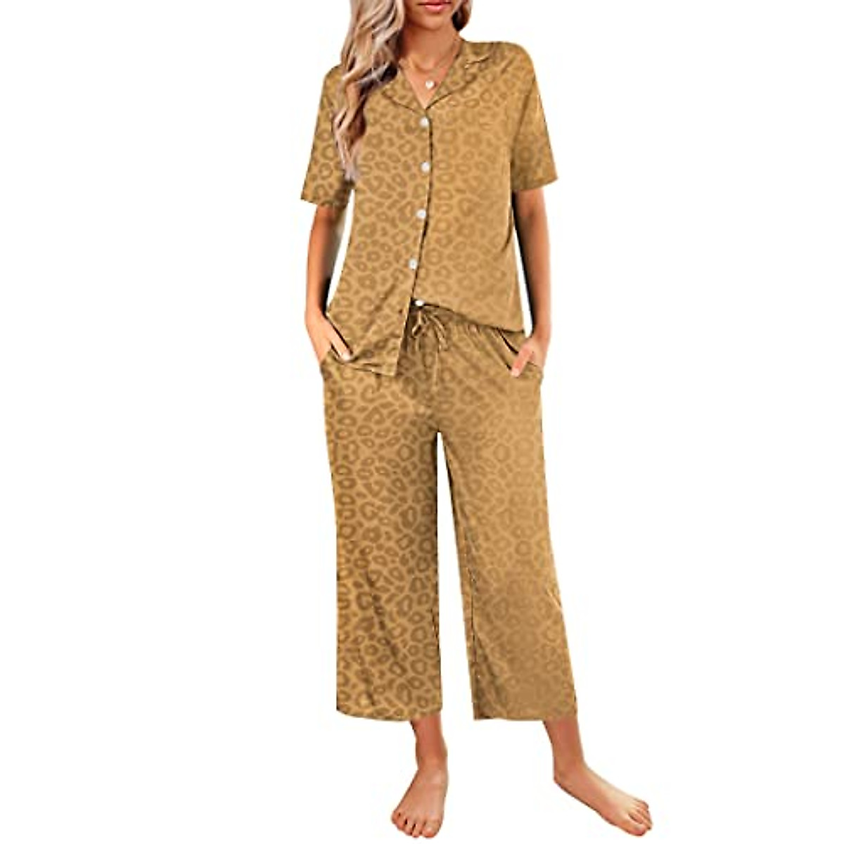 Ekouaer Womens Satin Pj Silk Pajama Comfy Classic Satin Pajamas Button Down Lounge Sets V-neck Pajamas with 2 Pockets Light Brown Leopard Print Large