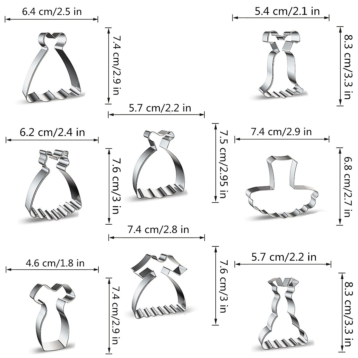 Dress Shaped Cookie Cutters Set of 8 pcs, Stainless Steel Wedding Dress Princess Dress Fondant Cutter Molds Baking DIY