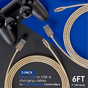 TALK WORKS PlayStation 4 Charging Cable - 6' Nylon Braided Micro USB Charger Cord, Heavy Duty Fast Charge for PS4 (Gold, Pack of 2) (14092)