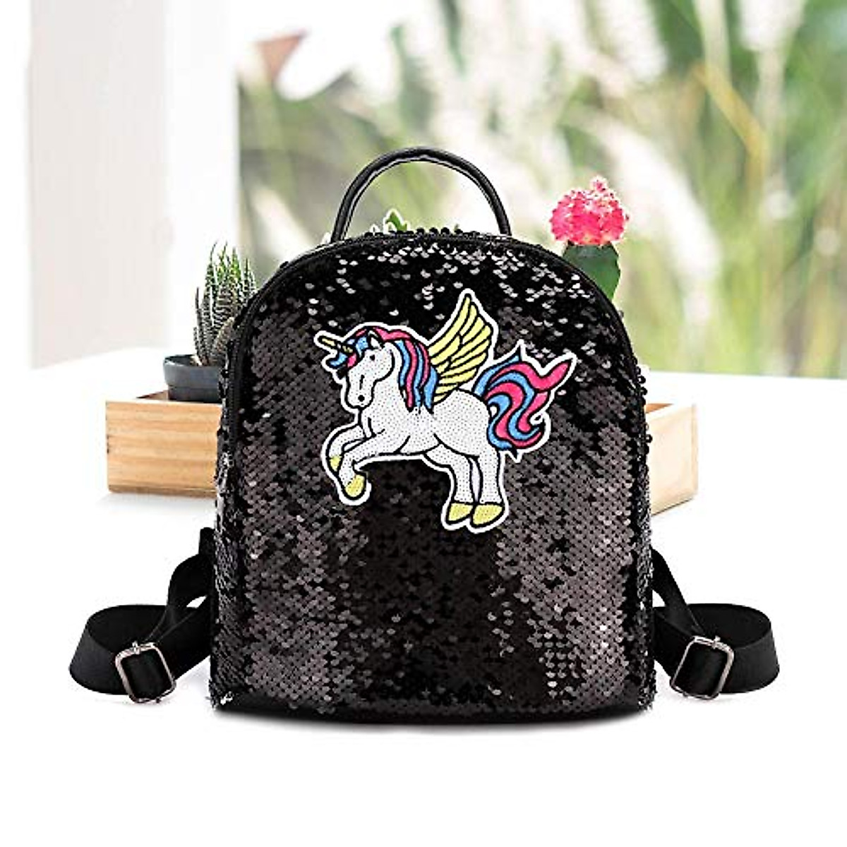 sikiwind Glitter Sequins Backpack Girls Cartoon Travel Colorful Shoulder Bag (Black)