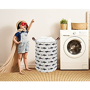 Sanjiaofen Kids Laundry Hamper,Canvas Shark Hamper Collapsible Boys Storage Basket Waterproof Toy Organizer Bin for Room Decor,Bedroom, Toys Bins,Clothes Hamper(Sharks)