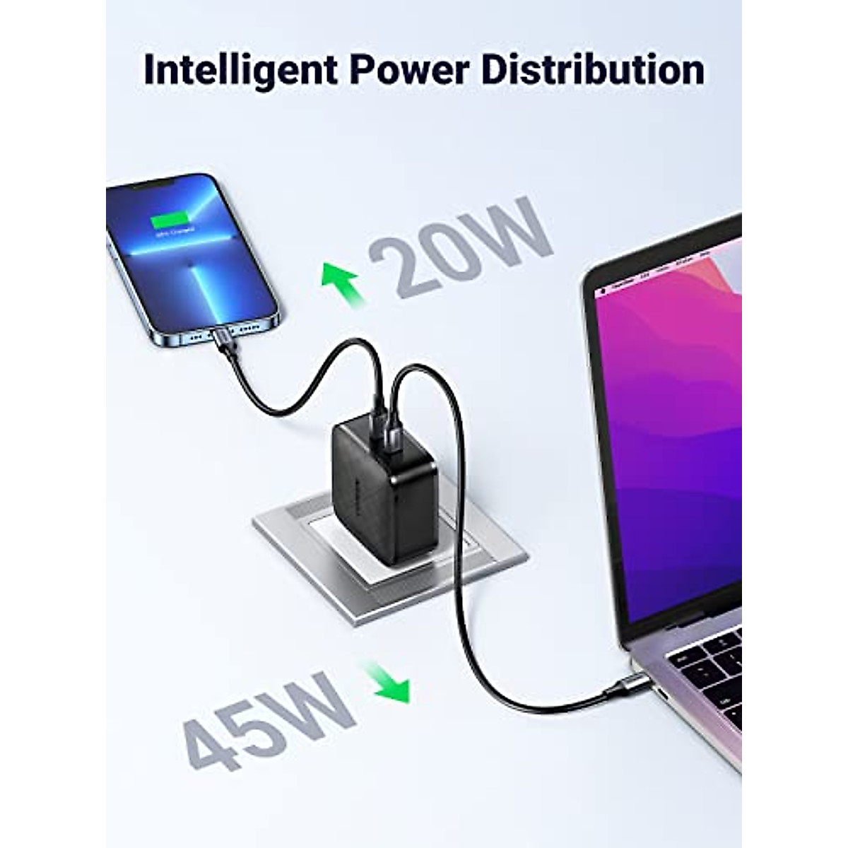 UGREEN 66w USB C Charger, 2 Ports Foldable Wall Charger, PD 65W Charger Power Adapter Compatible with MacBook, Dell/HP Laptops, iPad, iPhone 14, Galaxy S22/S21, Steam Deck, and More