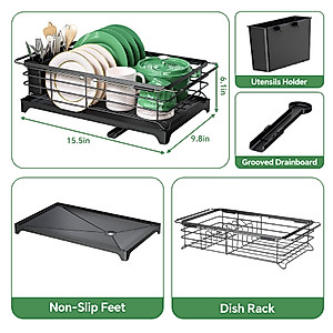 Dish Drying Rack in Sink Stainless Steel Dish Racks for Kitchen Counter Expandable Dish Drainer with Removable Utensil Holder Black