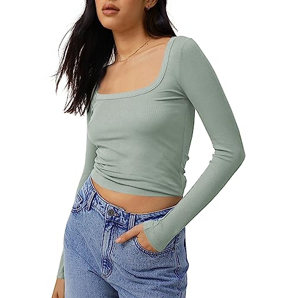 Lynwitkui Women's Ribbed Long Sleeve Tops Scoop Neck Slim Fitted Solid Casual T-Shirt Light Green