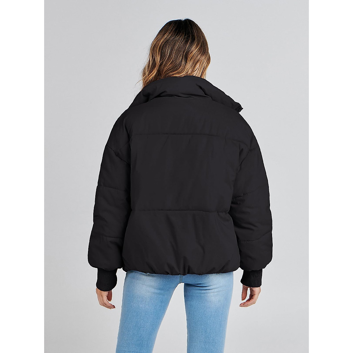 MEROKEETY Women's 2025 Winter Long Sleeve Zip Puffer Jacket Pockets Baggy Short Coats, Black, L