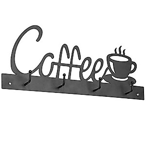 MyGift Black Metal Coffee Mug Rack Wall Mounted Holder with 4 Hooks and Coffee Word Sign and Cup Cutout Design
