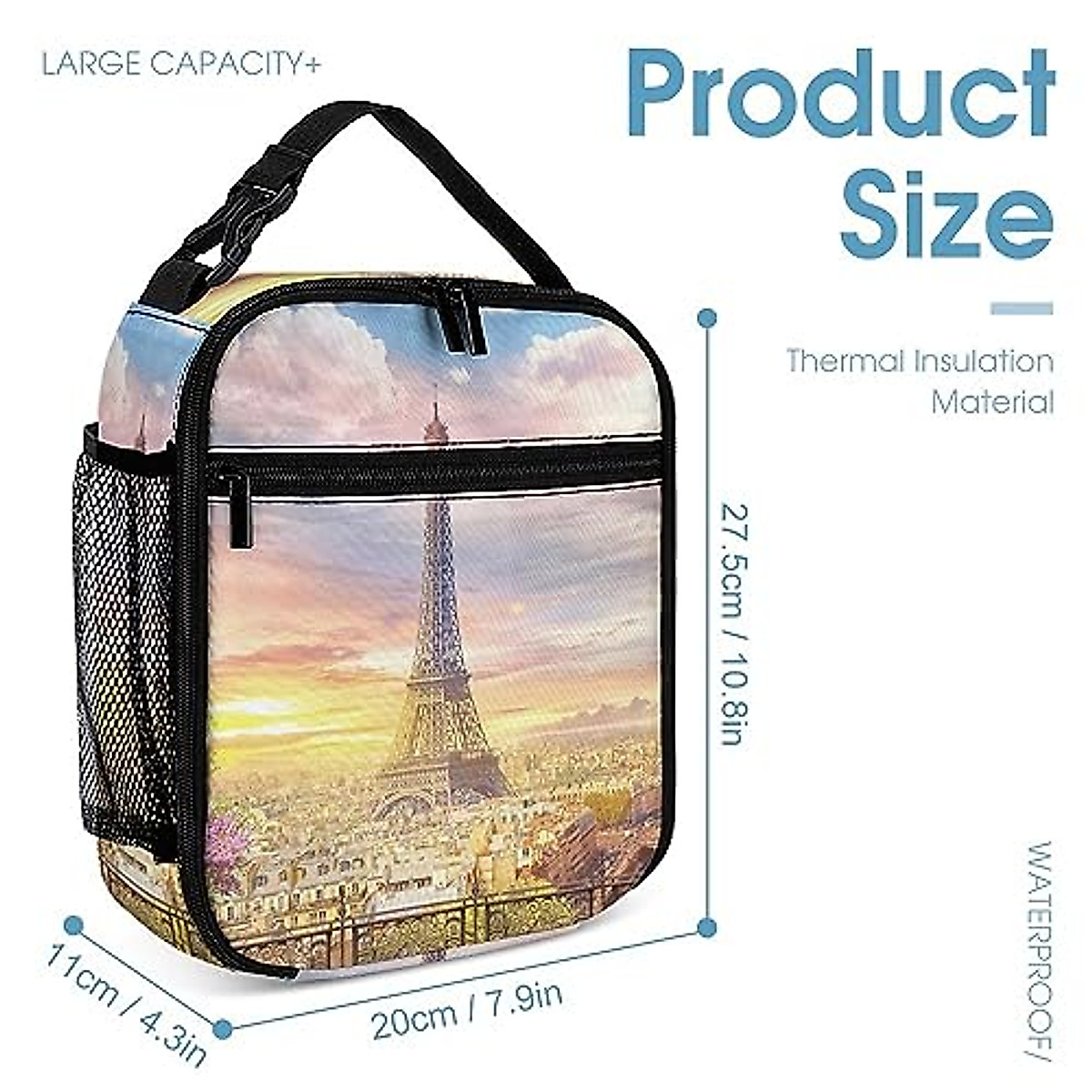 Paris Eiffel Tower Art 3 Pcs Backpack Set Portable Lunch Bag Pencil Pouch for Office
