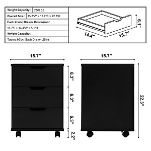 3 Drawer File Cabinet Drawers Chest, Wood Storage Cabinet with Wheels, Drawer Mobile File Cabinet Rolling File Pedestal Small Filing Cabinets for Home Office Bedroom Makeup Dresser by Soohow Black