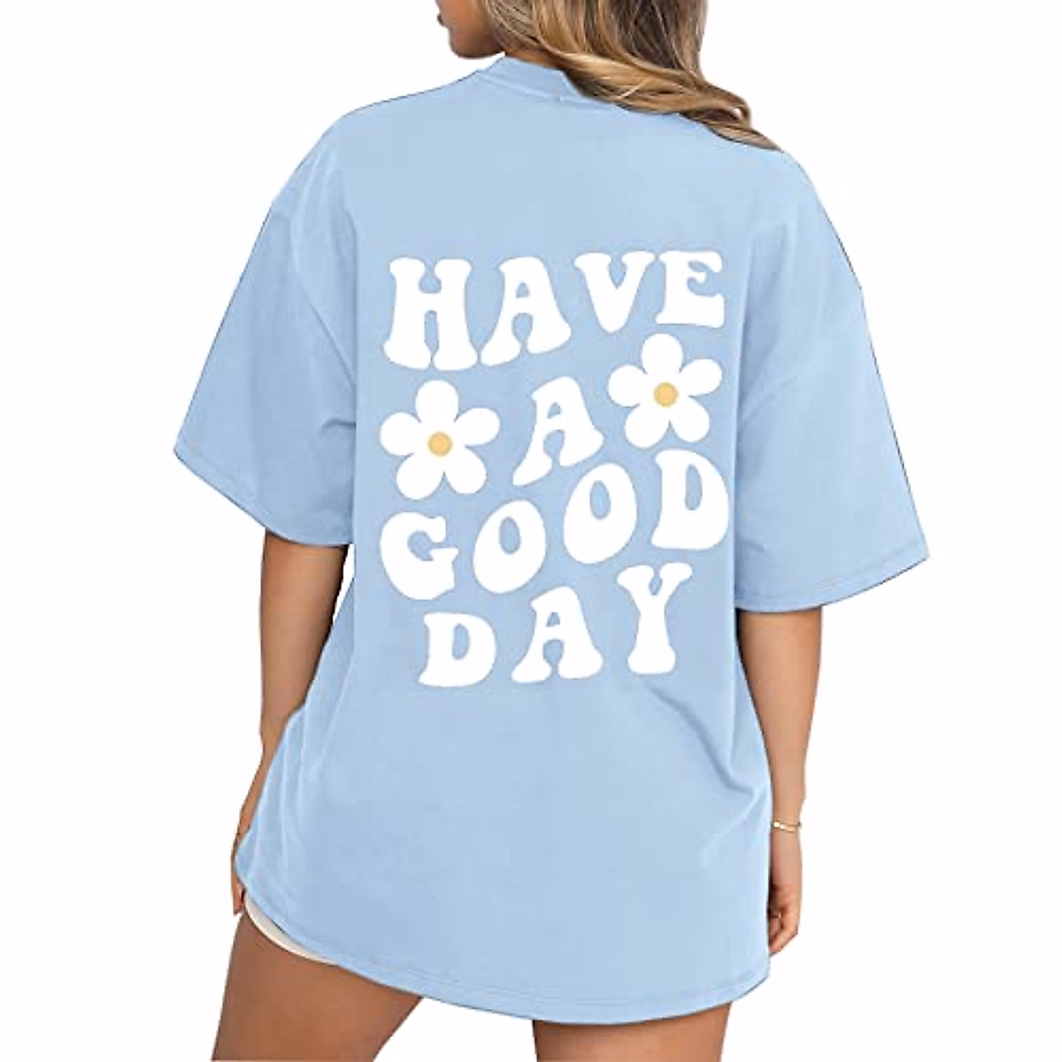 Cioatin Women’s Aesthetic Y2K Oversize Tee Shirt Top Floral Slogan Letter Graphic Drop Shoulder Short Sleeve Tshirt Sky Blue
