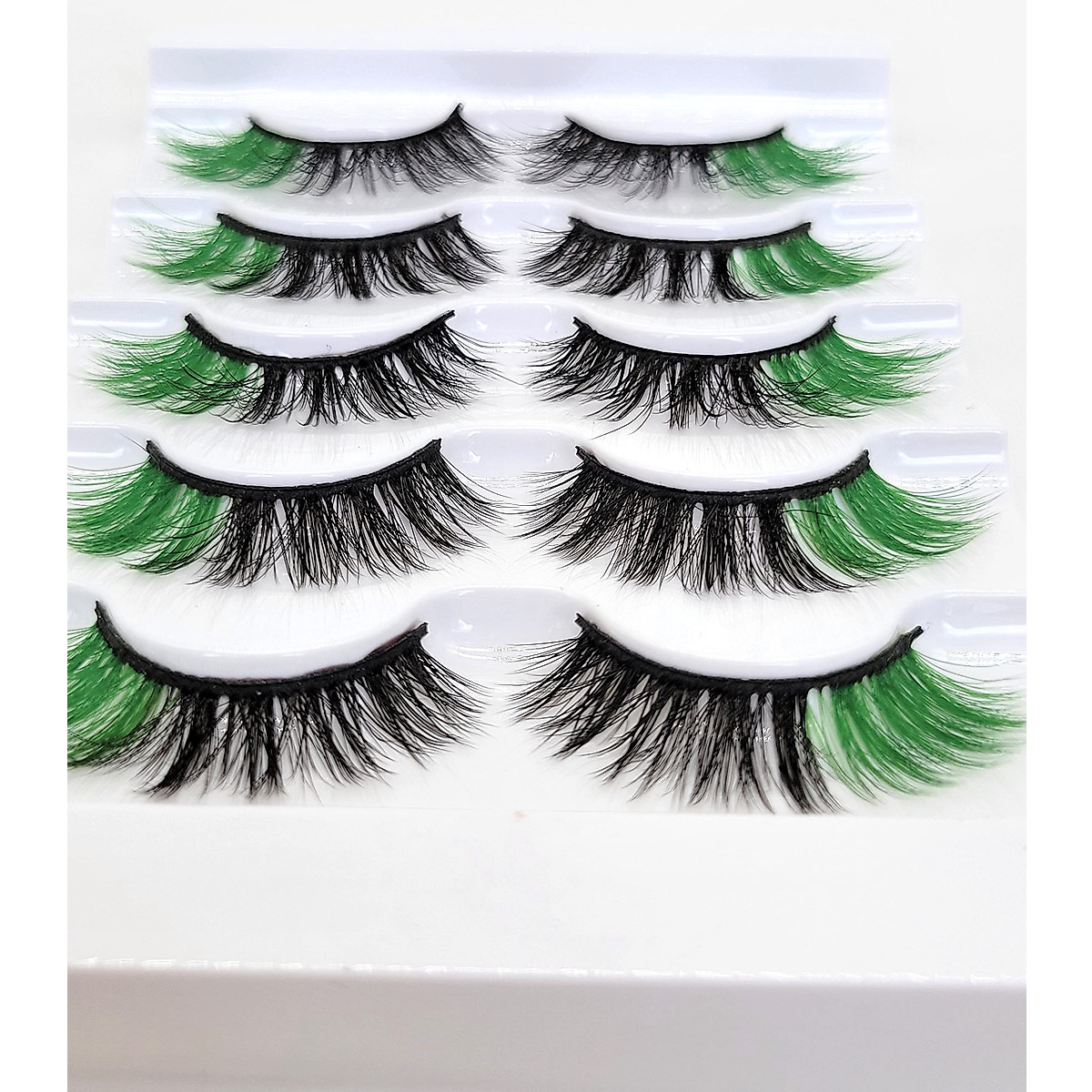 MISSLADY 16mm 5 Pairs Pack 3D Faux Mink Eyelashes with Green Ends Colored Lashes (FM-205, 8-16mm, Black with Green Ends, 5 Pairs)