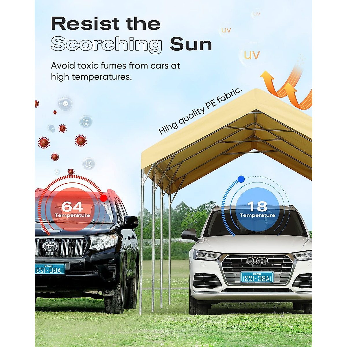 FINFREE 10x20 ft Heavy Duty Carports Car Canopy, Garage Shelter for Outdoor Party, Birthday, Garden, Boat, Adjustable Height from 9.5 ft to 11 ft,Beige