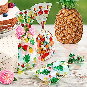 Kesote 100 Pieces Hawaiian Tropical Cellophane Treat Bags, Clear Pineapple Flamingo Goodie Candy Snack Bags Bulk with Twist Ties for Hawaiian Tropical Luau Summer Tiki Bar Party Favor Supplies