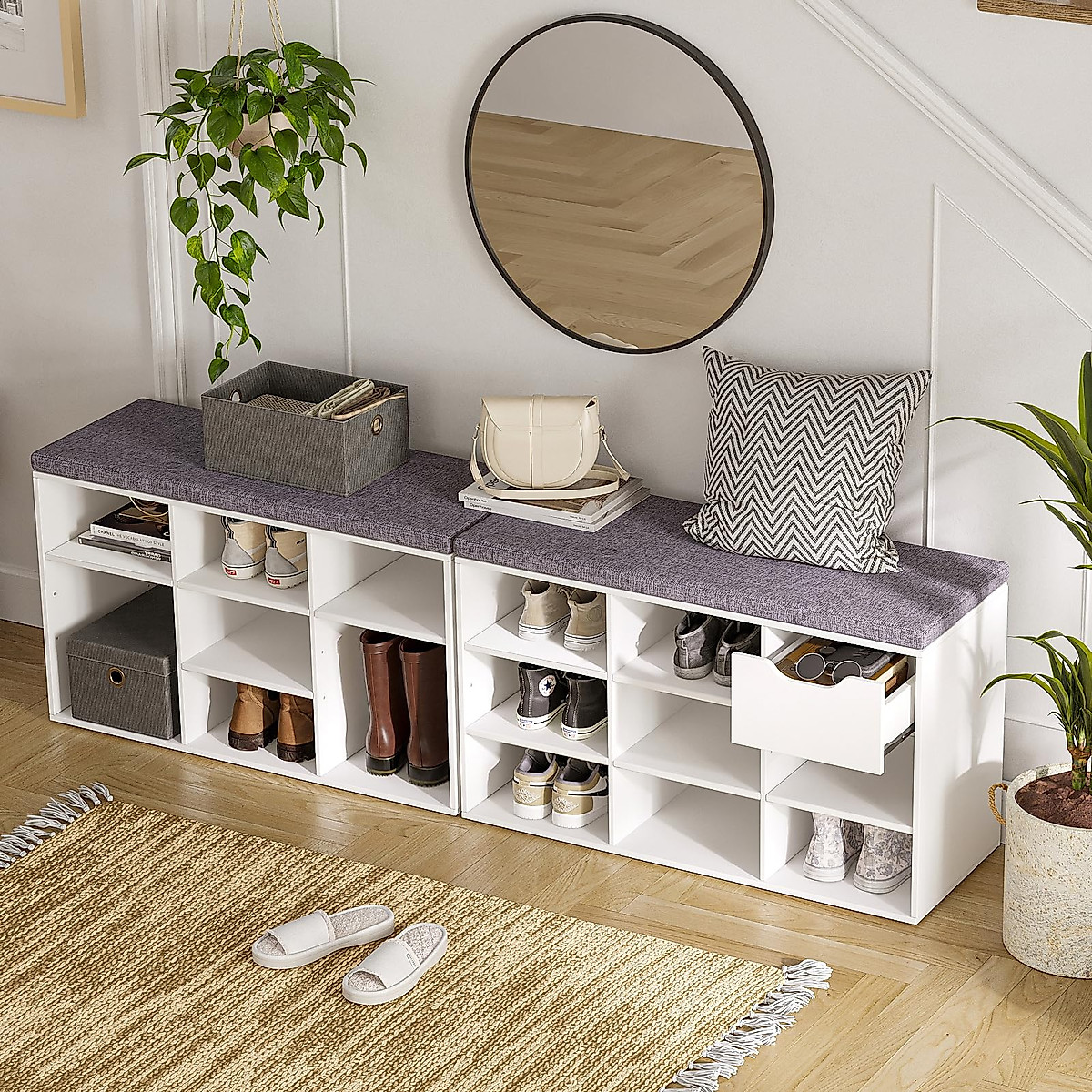 DINZI LVJ Shoe Storage Bench with Cushion, Cubby Shoe Rack with 9 Cubbies, Adjustable Shelves, Multifunctional Shoe Organizer Bench for Entryway, Mudroom, Hallway, Closet and Garage, White