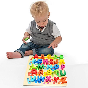 Wondertoys Wooden Alphabet Puzzle for Toddlers Chunky Lowercase & Uppercase Letters ABC Puzzles Board for Preschools Boys and Girls