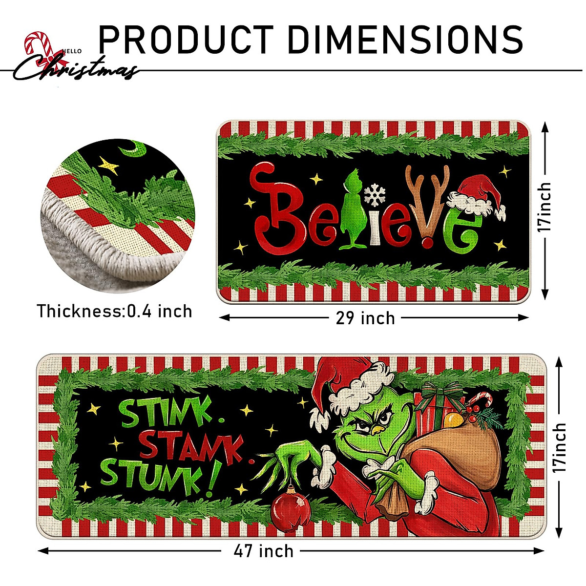 Tailus Christmas Believe Kitchen Rugs Set of 2, Xmas Gifts Stink Stank Stunk Green Kitchen Mats Decor, Red White Stripes Holiday Door Mat Home Decorations - 17x29 and 17x47 Inch
