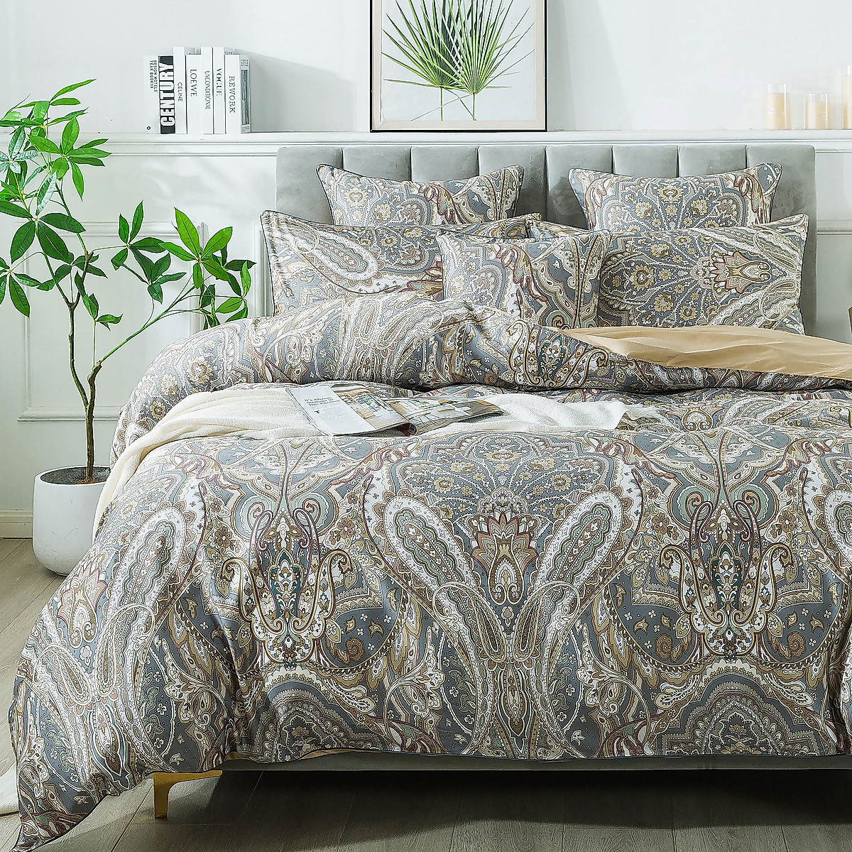 FADFAY Paisley Duvet Cover Set Queen Classic Boho Paisley Bedding Exotic Bohemian Paisley Quilt Cover 800 Thread Count 100% Egyptian Cotton Comforter Cover with Hidden Zipper Closure 3Pcs, Queen Size