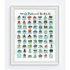 The 61 National Parks of the U.S. Art Print, Unframed, Wall Art Decor Poster Sign, Adventure Inspirational Gift, 8x10 Inches