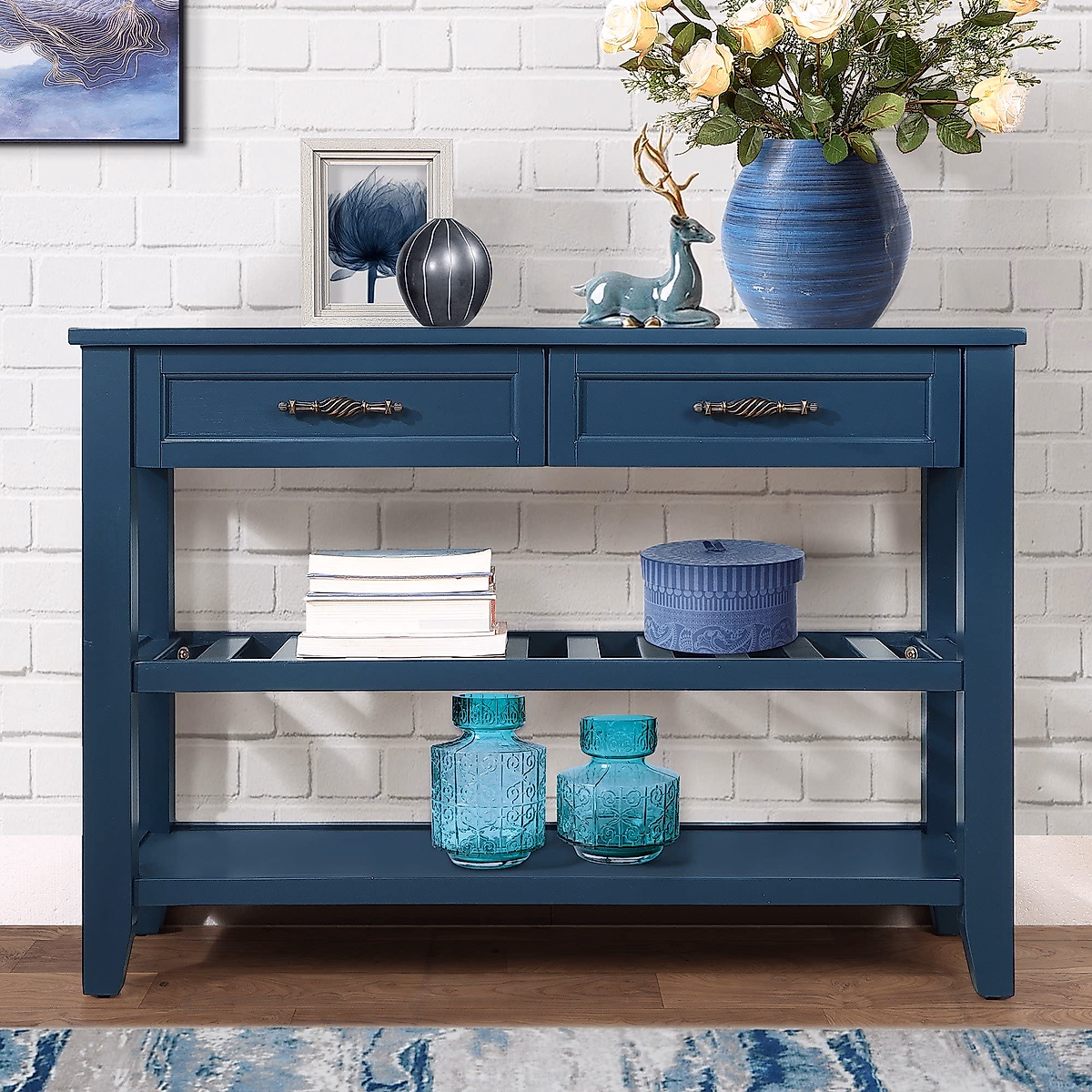 SIYSNKSI 42'' Mid-Century Style Console Table Sofa Table with 2 Storage Drawers and 2 Tiers Shelves, Solid Wood Buffet Sideboard for Hallway, Entryway, Bedroom, Living Room (Navy Blue-053)