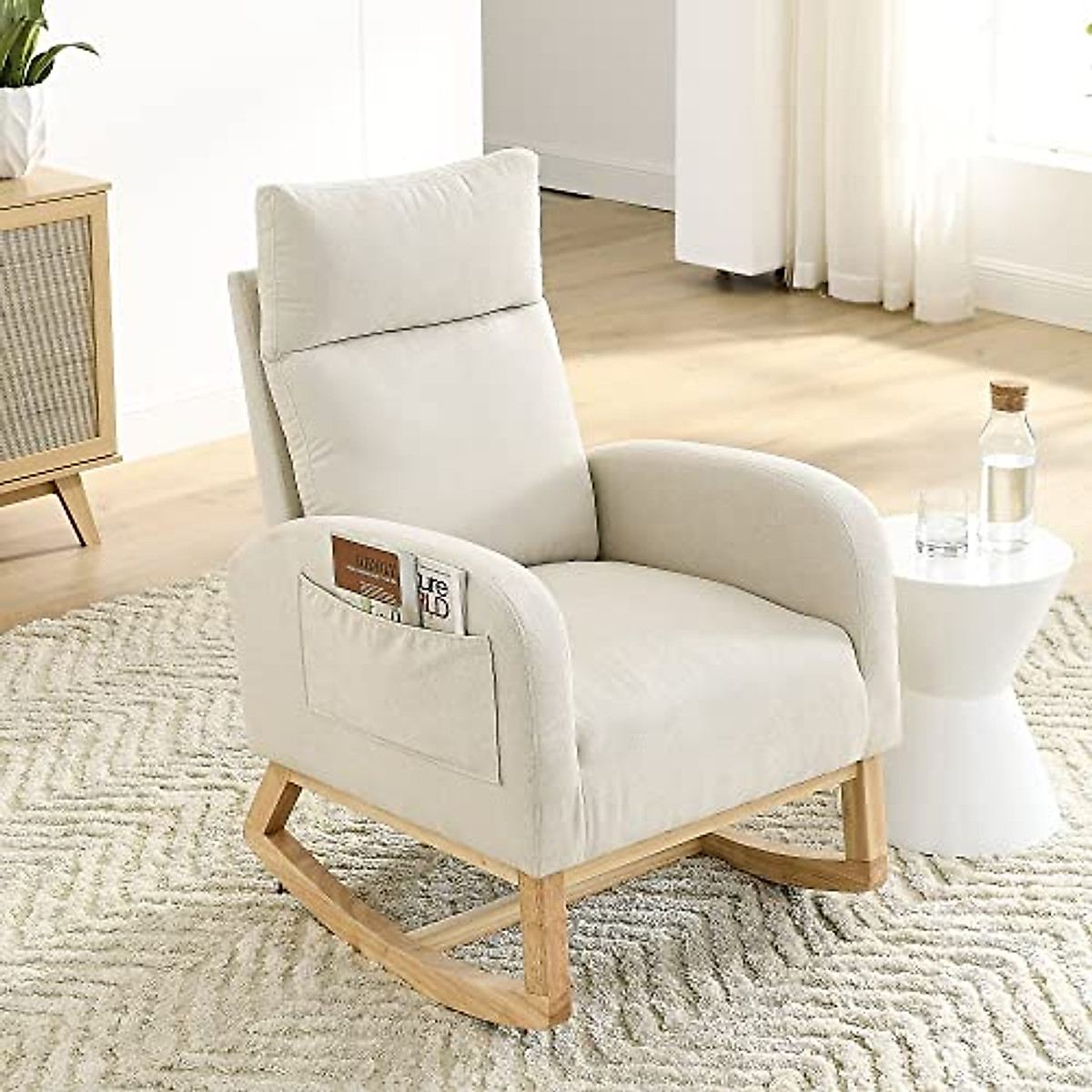Krinana Nursery Rocking Chair with Solid Wood Legs, Glider Chair for Nursery with Two Side Pockets, Rocker Armchair for Living Room Bedroom (Beige, Linen Fabric)