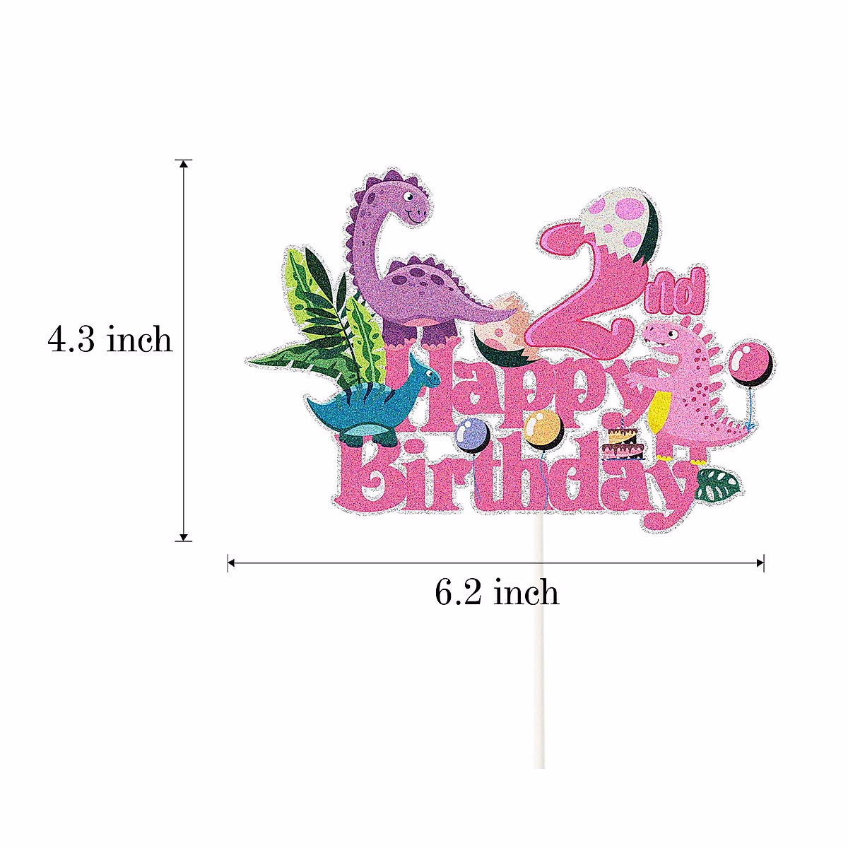 Pink Dinosaur Happy 2nd Birthday Cake Topper, Royal Princess Second Birthday Number 2 Girl Dinosaur Cake Pick,Dino Theme Baby Shower Kids Girls 2 Years Old Party Decorations