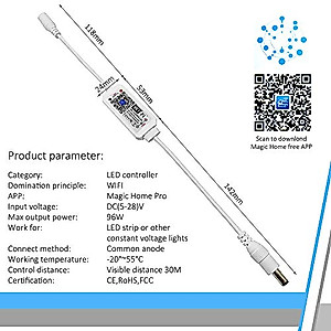 Sumaote Single Color LED Strip Lights WiFi Controller, Compatible with Android iOS Works for 5050 3528 COB LED Light Strips, 5V-28V, Voice Control, Dimmable, Timing Function