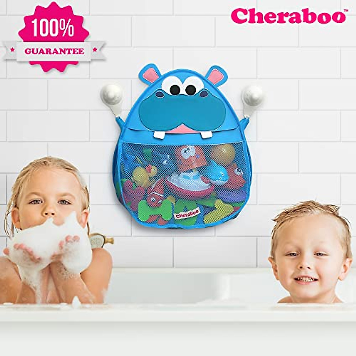 CHERABOO Bath Toy Storage Hurley Hippo Kids, Toddlers, Baby Bath Organizer | Tub, Bathtub, Bathroom Toy Holder | Quick dry net, two suction cups | Shower Caddy Mesh Basket (Blue)