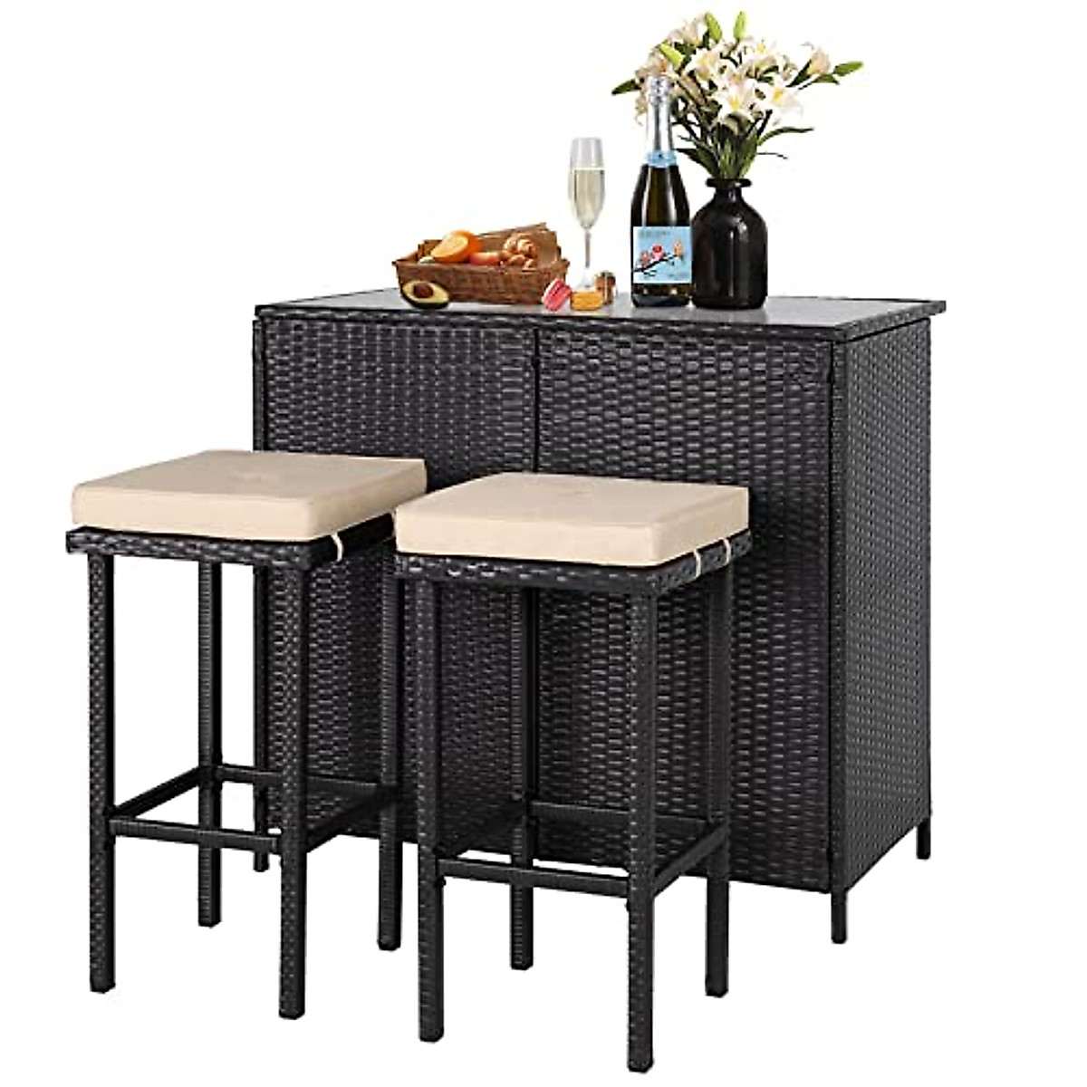 Cemeon Outdoor Bar 3-Piece Patio Bar Set with Two Stools and Glass Top Bar Table Brown Wicker Patio Furniture with Removable Cushions
