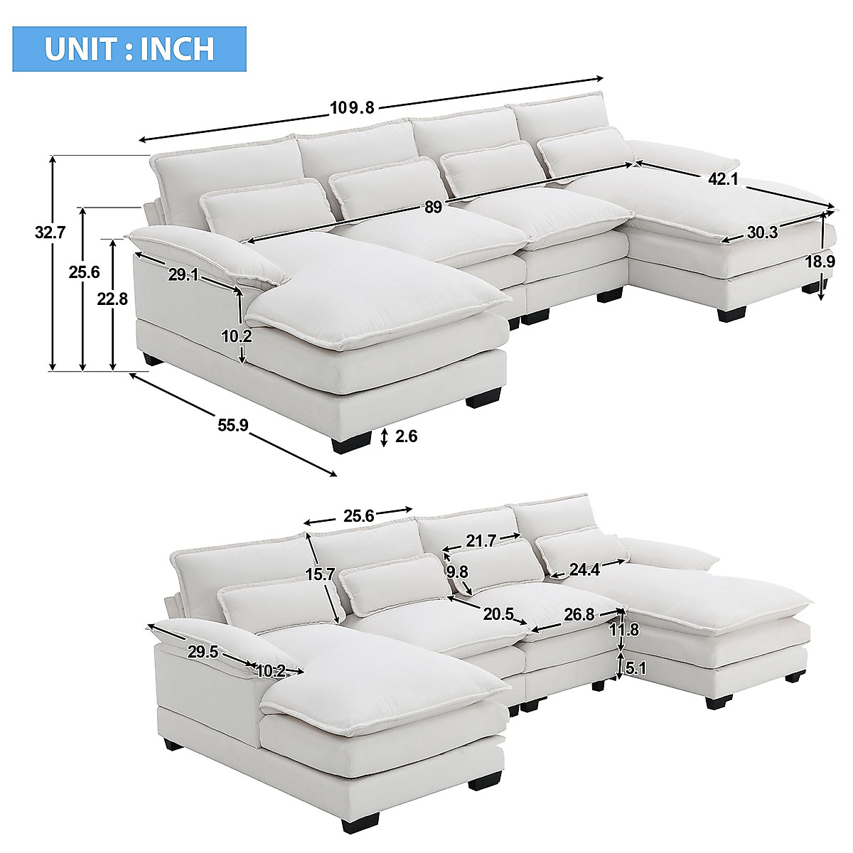 GNIXUU 109.8“ Sectional Sofa Cloud Couch for Living Room, Modern Chenille Large Overstuffed U Shaped Couch, Comfy Modular Sofa Sleeper with Double Chaise & Cushions(White)
