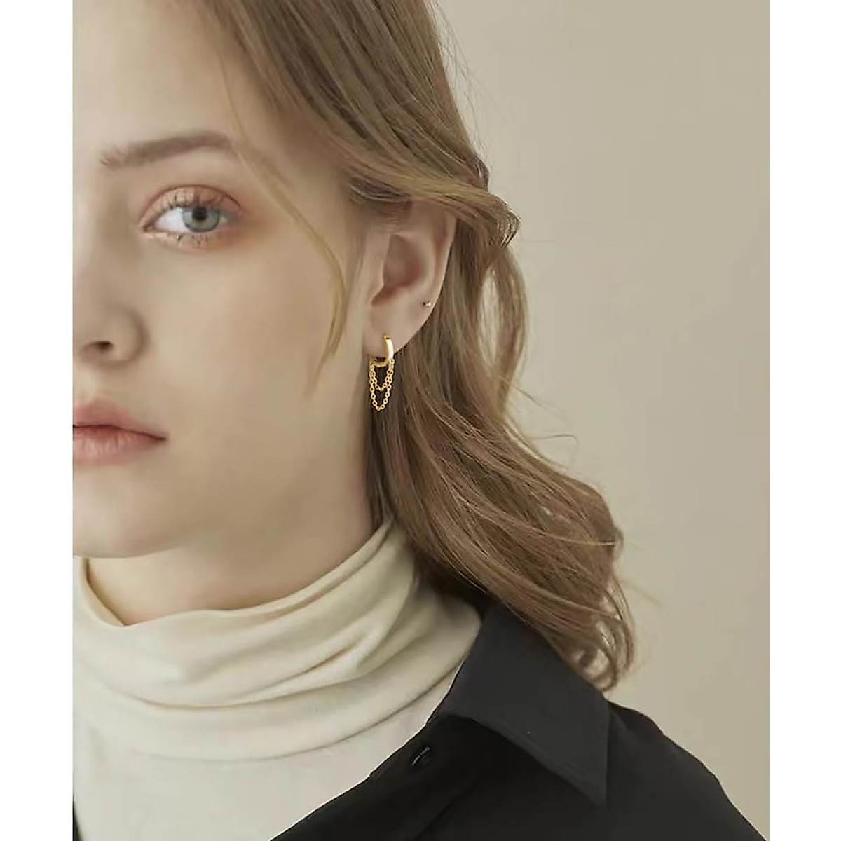 Reffeer Solid 925 Sterling Silver Tassel Chain Drop Dangle Small Hoop Earrings Huggie for Women Teen (C-Gold)