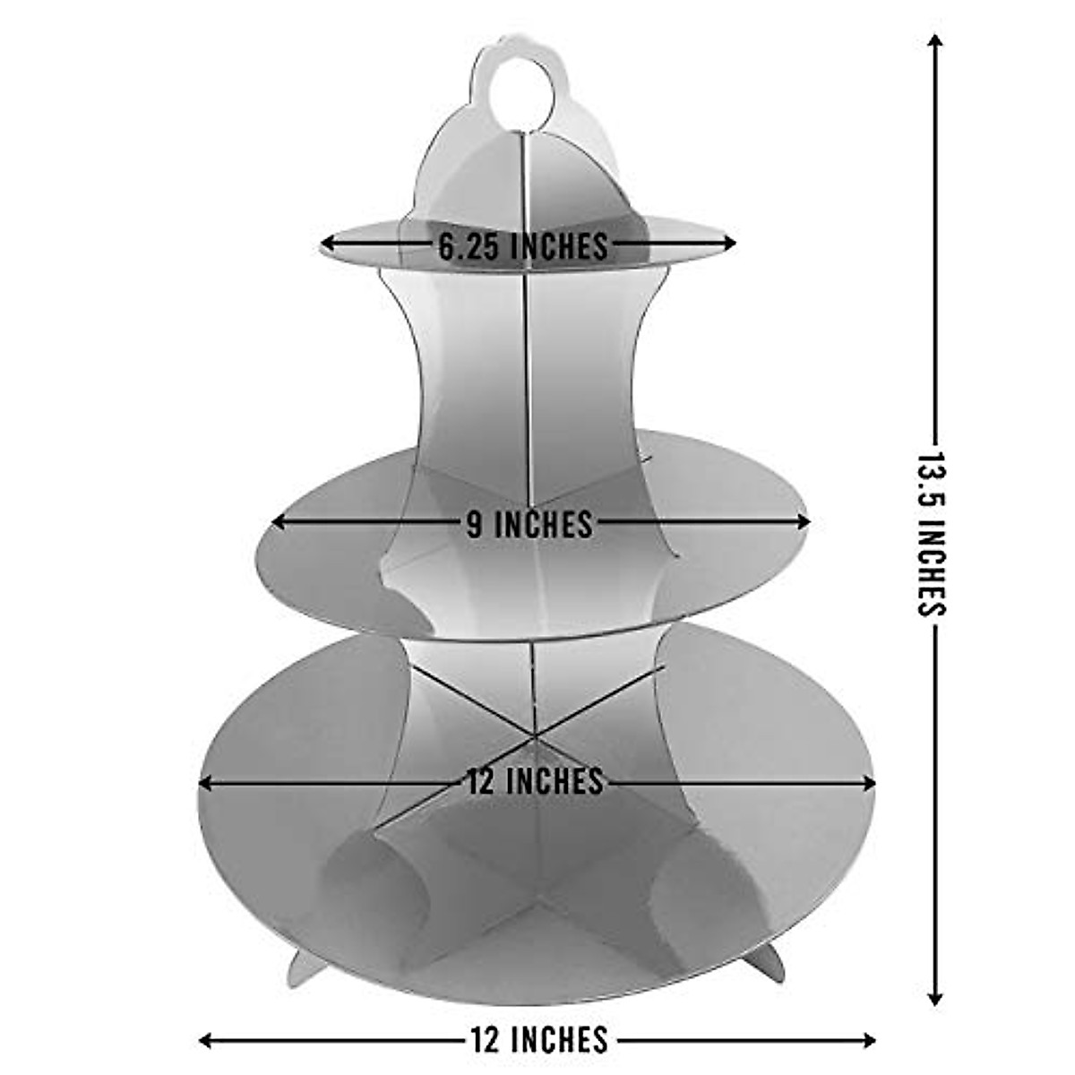3-Tier Round Cardboard Cupcake Stand (12" W x 13.5" H) Birthday Wedding Special Event Decoration Reusable (1PC) (Silver)