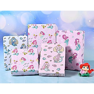 Sikiweiter Mermaid Wrapping Paper - Birthday Wrapping Paper for Girls, 12 Sheets Little Mermaid Wrapping Paper for Birthday Christmas Baby Shower, 19.7 x 27.6 Inches Per Sheet