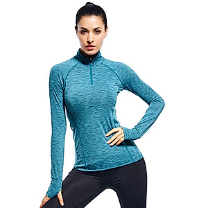 Zengjo Long Sleeve Running Shirts Women Half Zip Thumb Holes(Blue/Grey,S)