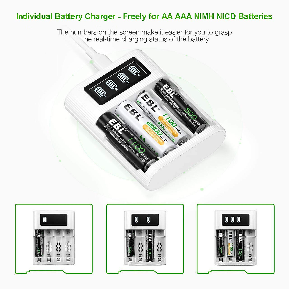 EBL AA AAA Rechargeable Battery 8 Counts with Battery Charger - LCD Smart Charger with 1.2V AA Rechargeable Battery (4pcs) and AAA Batteries (4pcs)