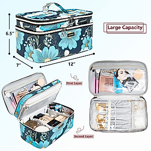 AMOIGEE Double Layer Makeup Train Case - Travel Bag Organizer for Makeup Brushes, Bottles, Palettes, Sponges and Cosmetics
