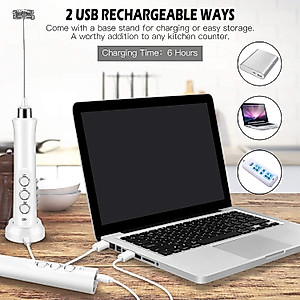 Hovico Milk Frother quiet Hand held Frother Whisk, USB Recharge able 3 Speeds for Cappuccino,Lattes,Egg Mix, Matcha, Hot Chocolate, 3 Stainless Steel Whisks(16Pcs Art Stencils Free) (White)